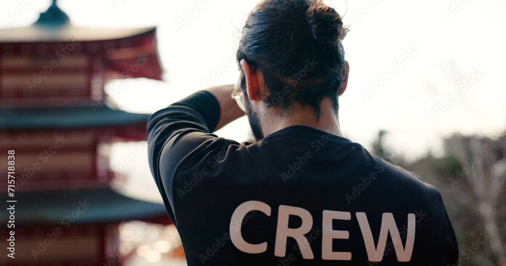 Photography, man and working crew from the back in Japan shooting with ...