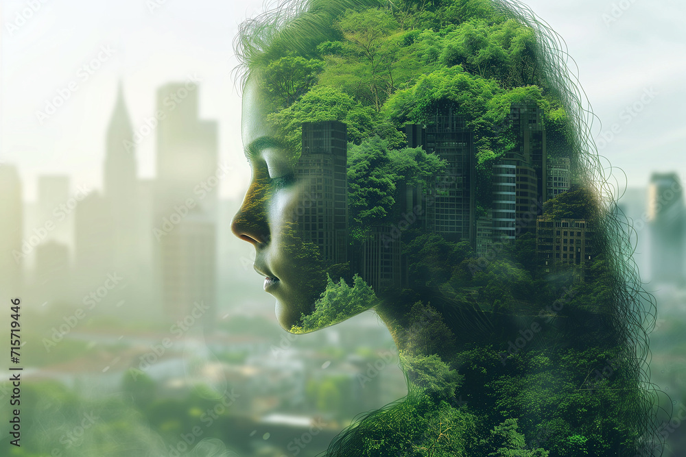 Figure of woman blend with environmentally friendly ecosystem in city ...