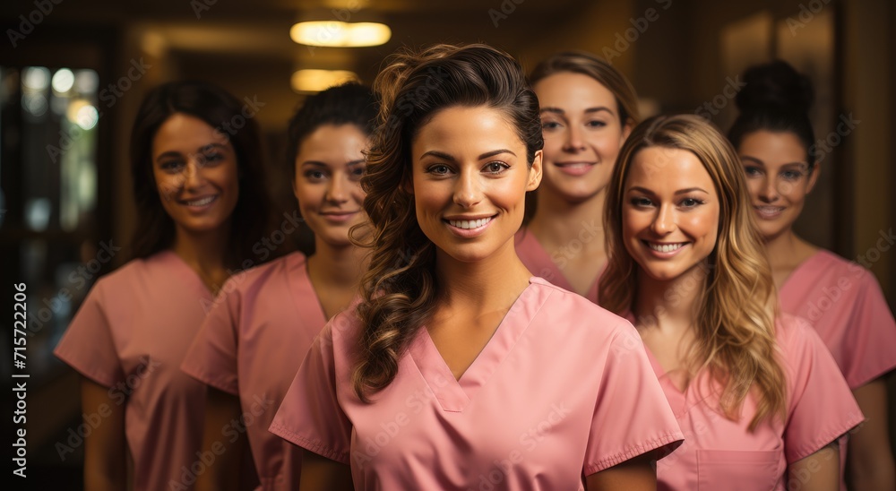 Radiant in their pink scrubs, a group of female healthcare workers pose ...