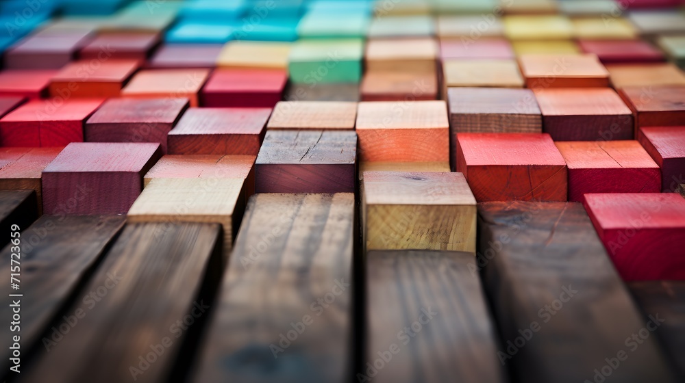 Spectrum of colorful wooden blocks aligned on a rustic old wood table ...