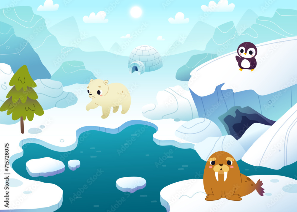 Cartoon arctic landscape with cute animals. Northern vector background ...