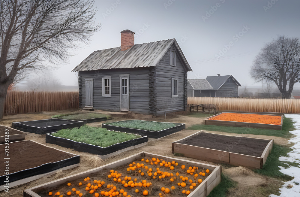 garden, vegetable garden, bare bushes without leaves in the garden ...