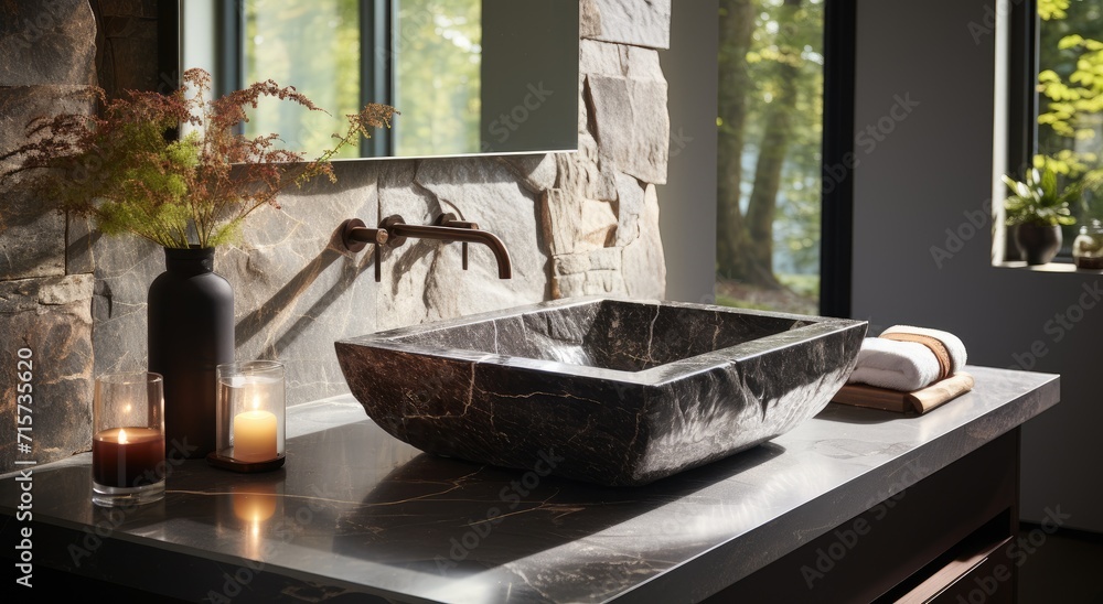 A quaint indoor scene featuring a sink on a counter next to a window ...