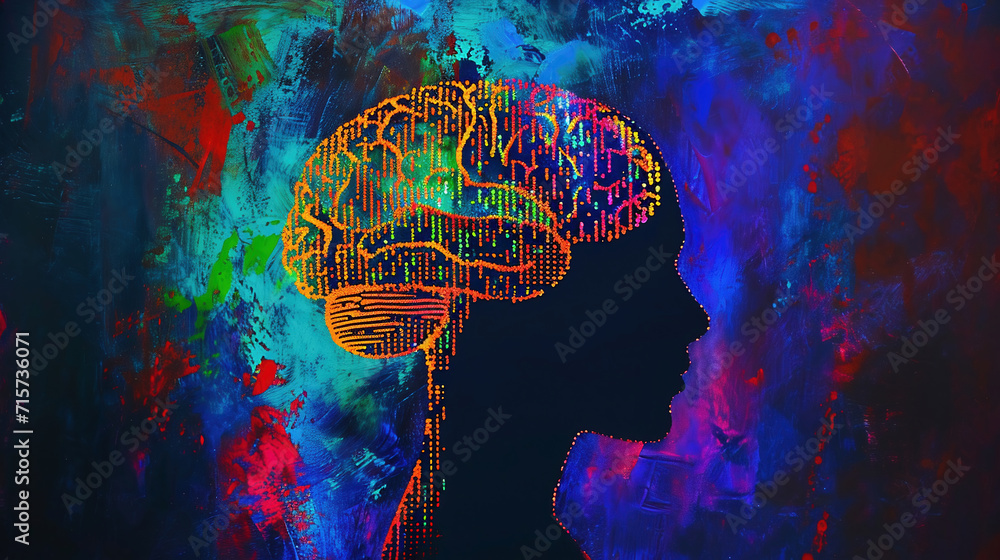 Artificial Intelligence brain. Vibrant canvas illuminated by a cascade ...
