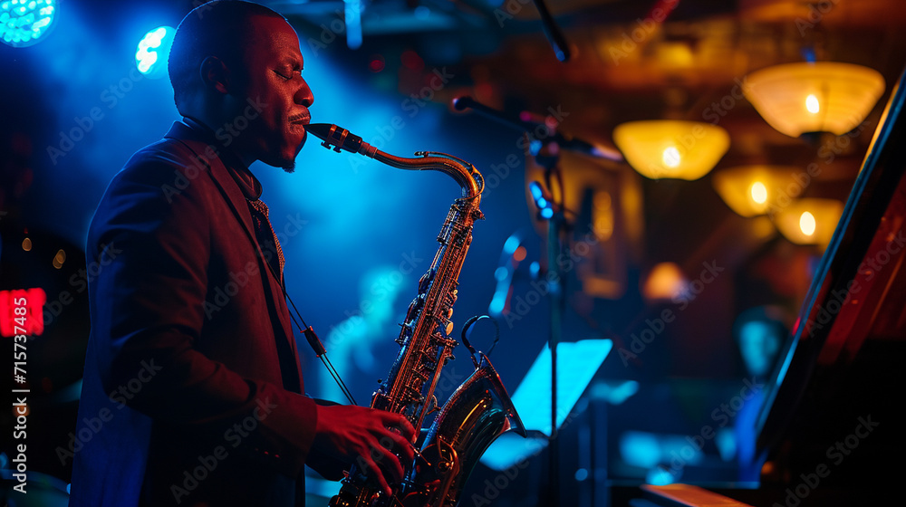 A dimly lit jazz club stage bathed in the warm glow of spotlights, with ...