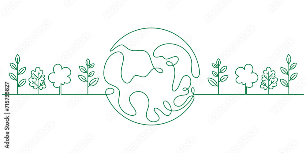 Green earth line art style vector illustration. Environment day line ...