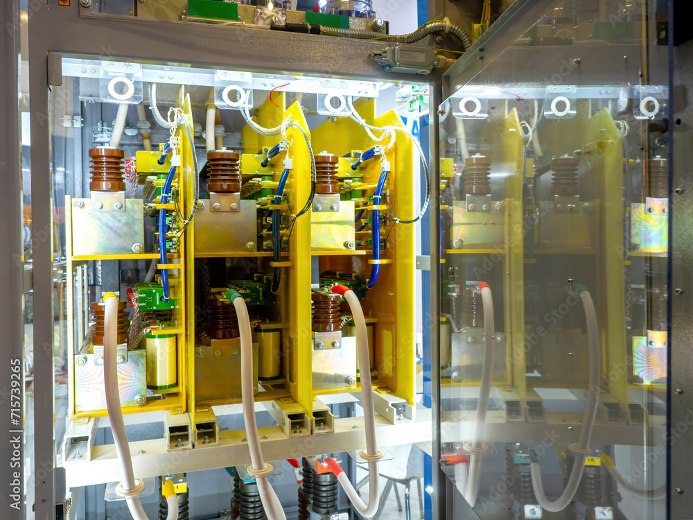 High voltage equipment. Electrical panel with open door. Electric ...