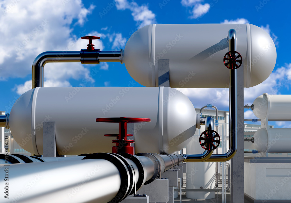 Gas equipment. Tanks near oil factory. Gas distribution unit. Fuel ...