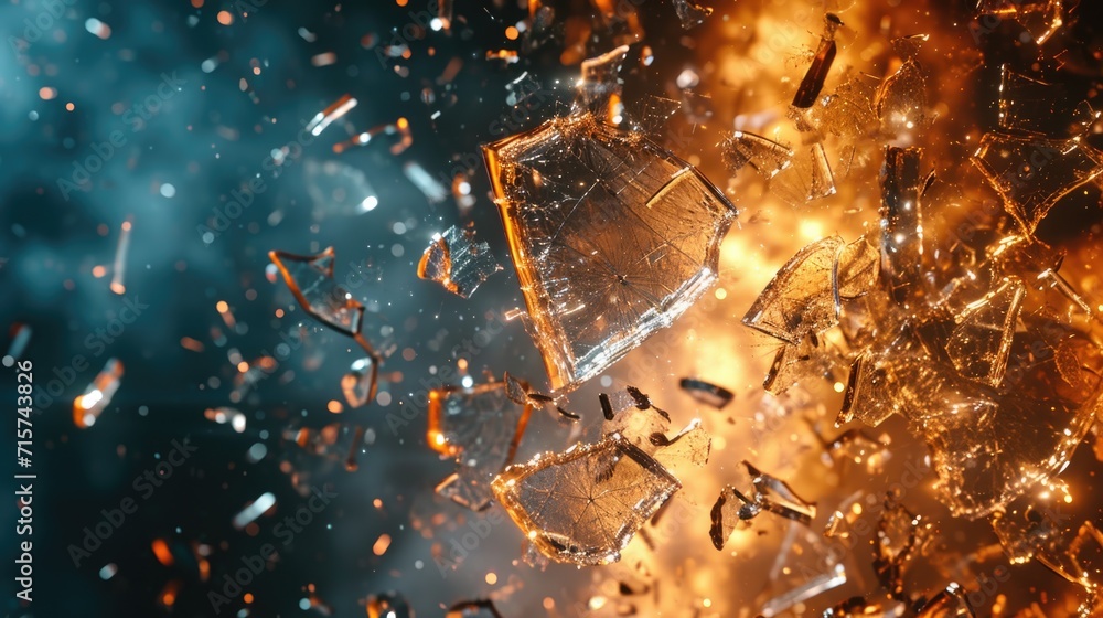 Explosion of broken glass, sharp fragments on a dark background, 3D ...