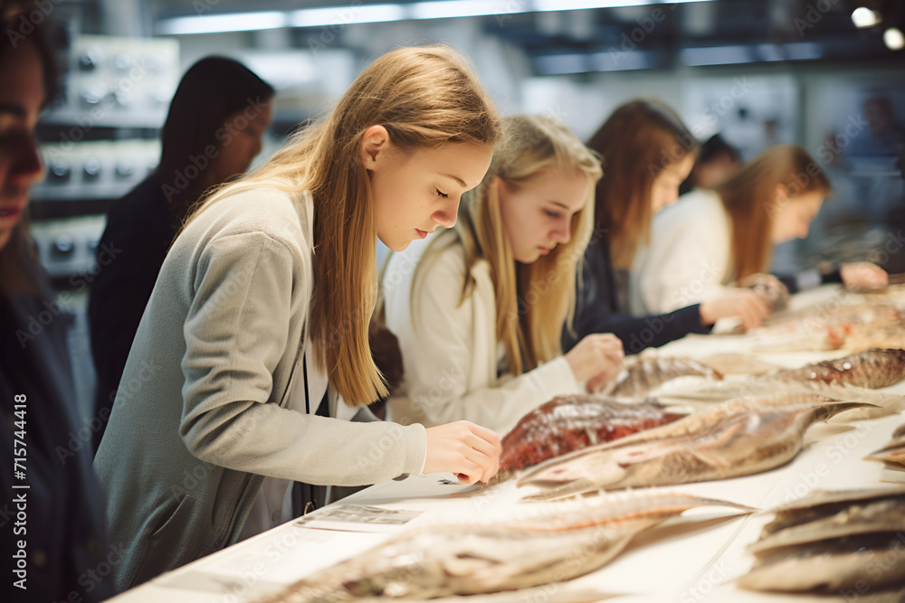 Female biologists in biology class studying anatomy of fish and other ...
