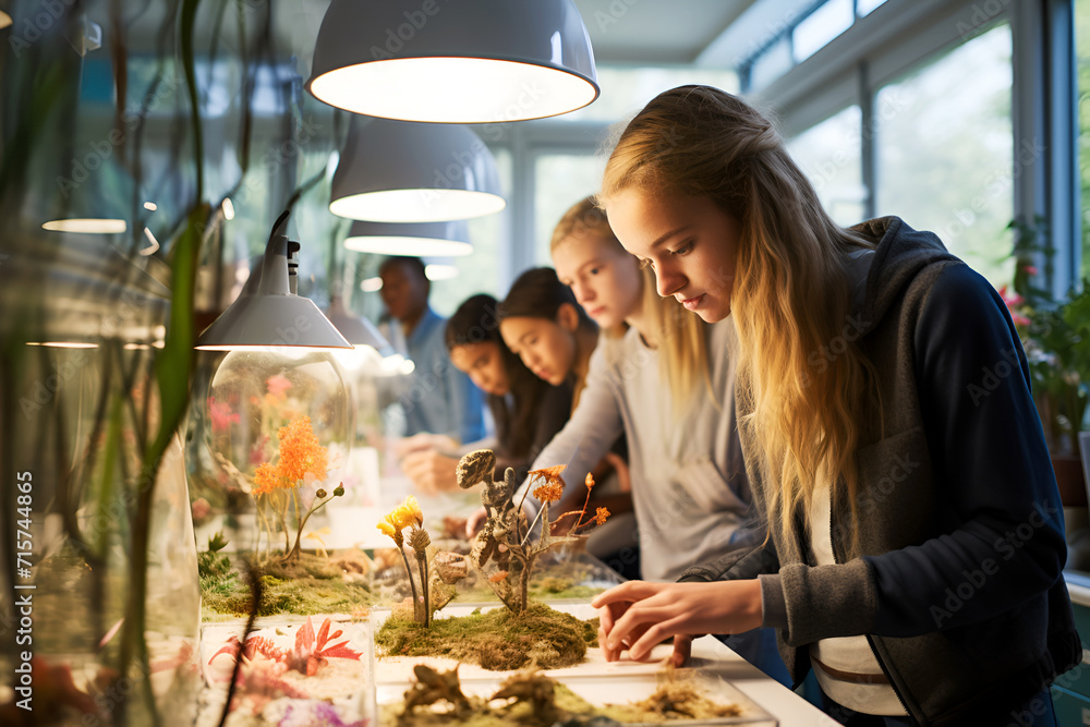 Botany students in biology class studying different types of plants ...
