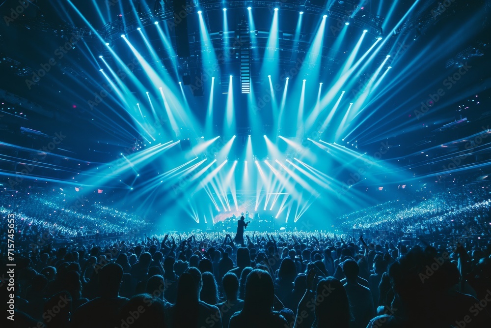 Singer performs a musical concert on stage in a huge packed stadium ...