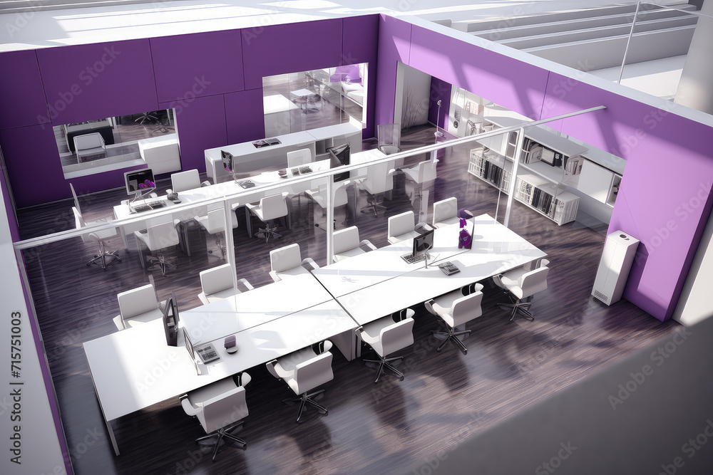 A unique take on office decor with a fusion of white and purple in an industrial framework ...