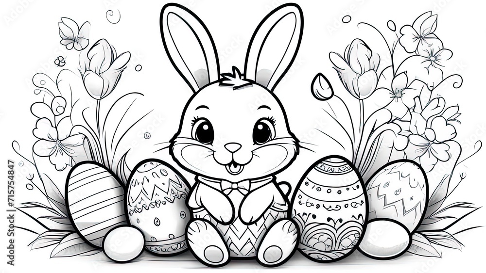 Easter coloring page. Easter Bunny with Easter egg. Black and white ...