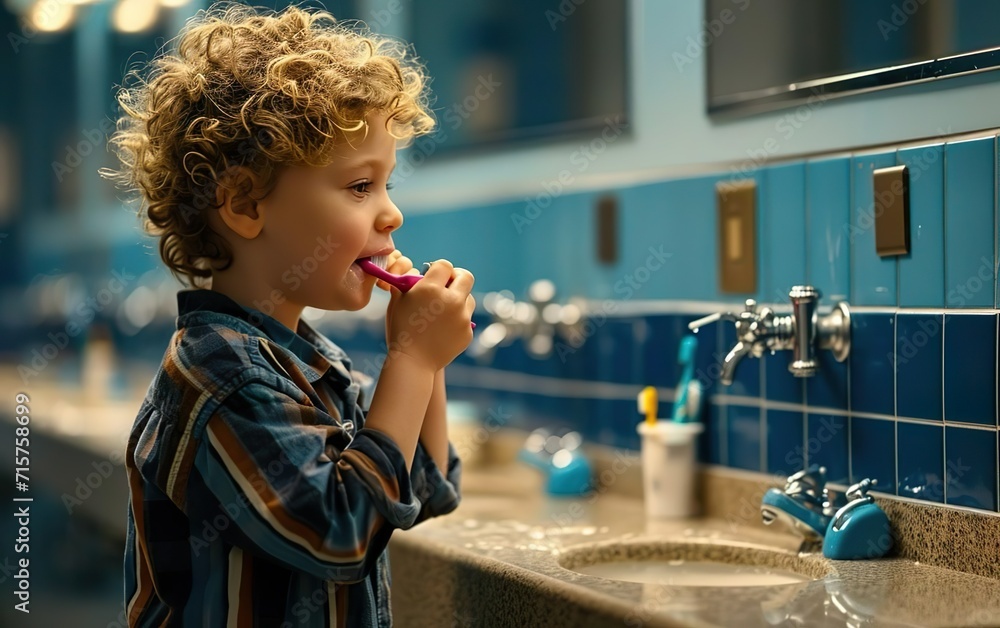Blonde curly hair kid brushing their teeth in kindergarten bathroom ...