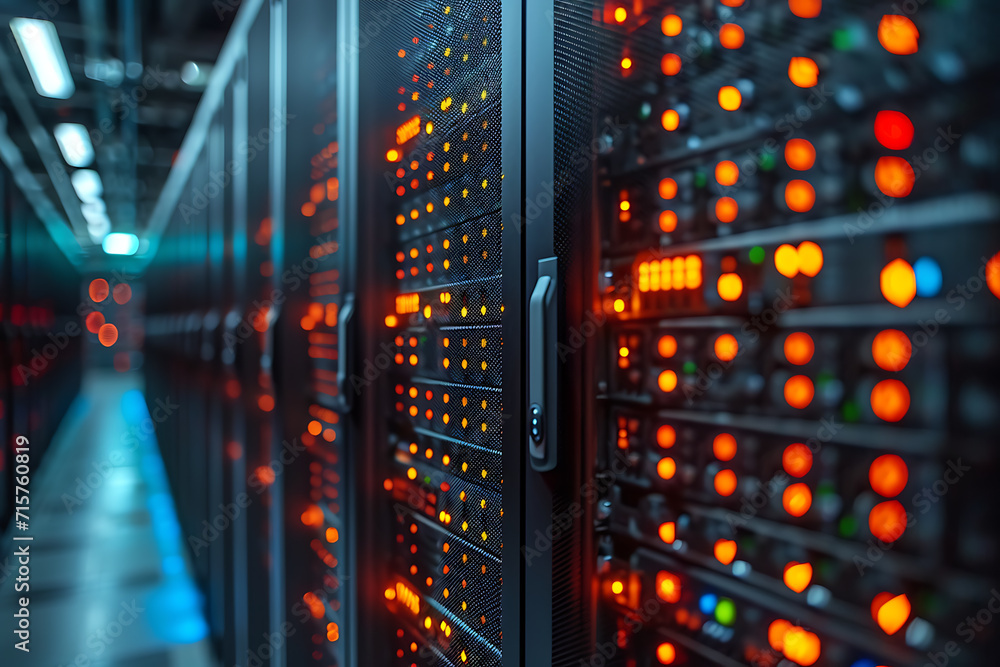 Many powerful servers running in the data center server room. Disk ...