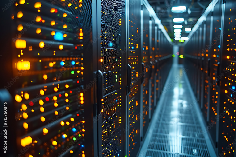 Many powerful servers running in the data center server room. Disk ...