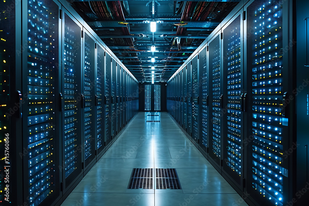 Many powerful servers running in the data center server room. Disk ...