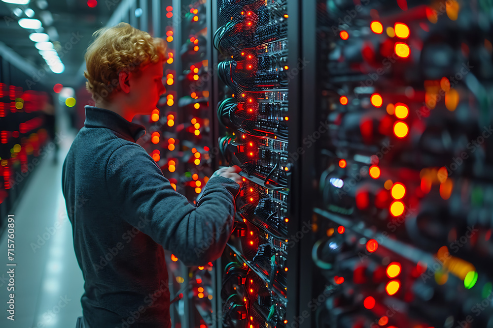 Many powerful servers running in the data center server room. Disk ...