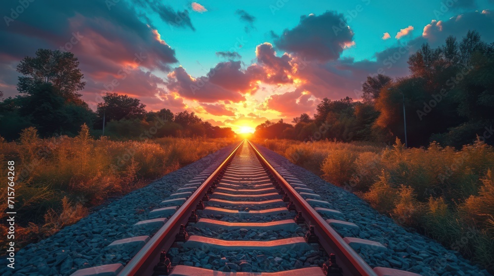 a train track with the sun setting in the middle of the picture and ...