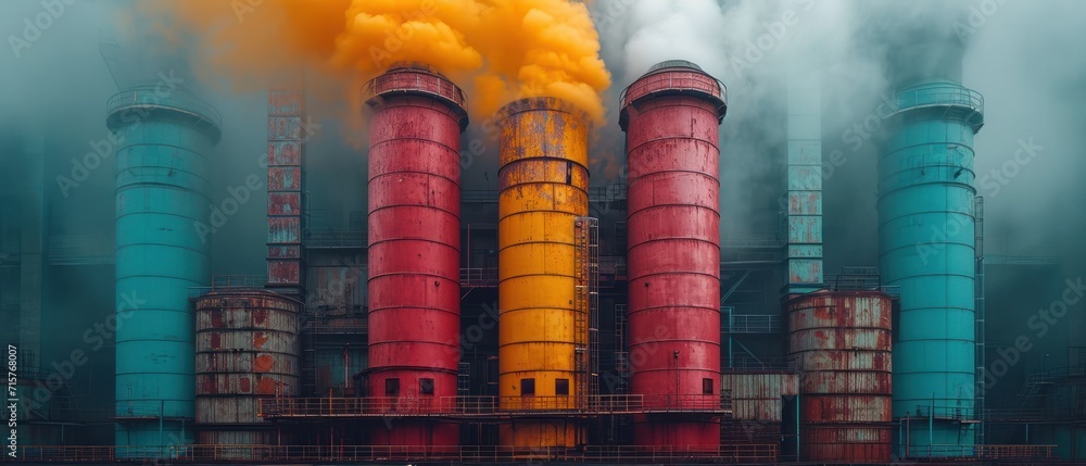 a factory with smoke coming out of it's stacks and yellow smoke coming ...