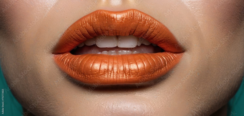a close up of a woman's mouth with a bright orange lipstick on top of ...