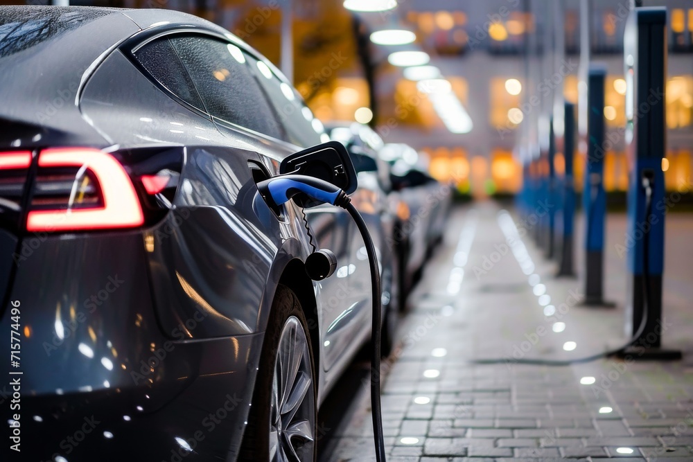 An electric car charging at a station on a city street at night ...