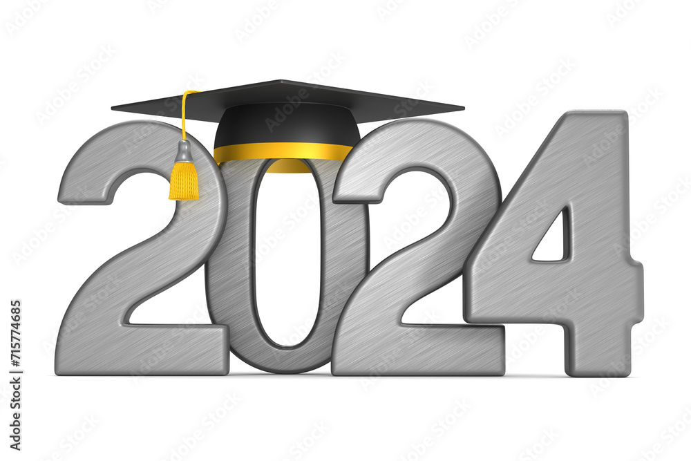 2024 year and graduation cap on white background. Isolated 3D ...