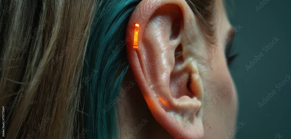 a close up of a person's ear with an orange light coming out of the ...