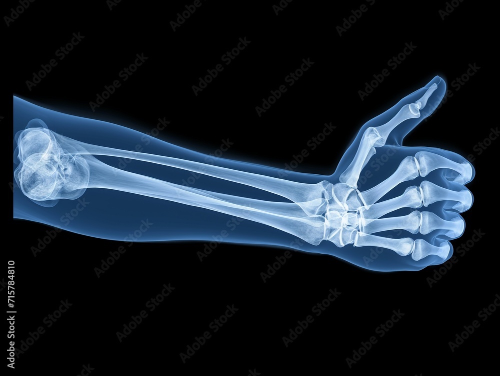 Success symbol, x-ray image of a forearm and hand with thumb up and ...