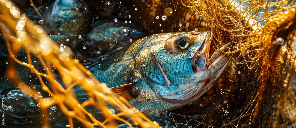 A lone fish struggles to break free from the confining net, yearning ...