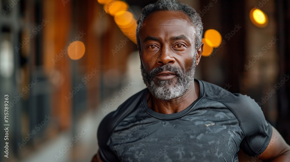 Portrait of a middle-aged black man while running inside a gym ...
