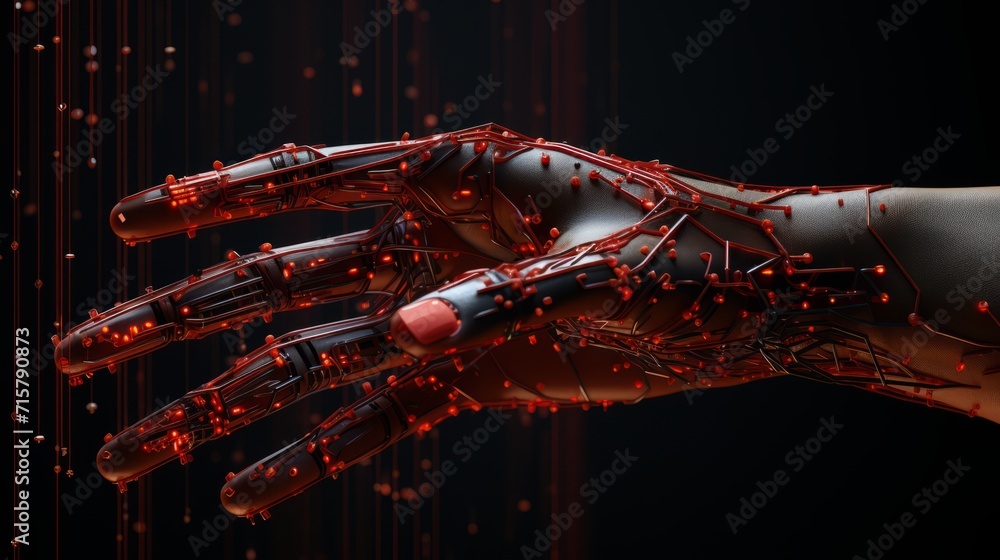 Robot hand isolated on a black background reaching out. Red digital ...