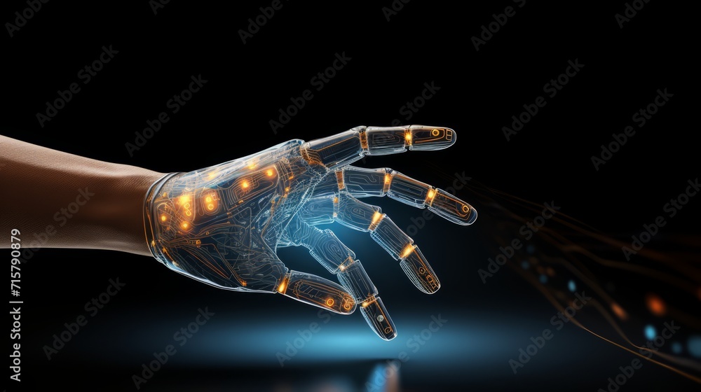 Robot hand isolated on a black background reaching out. Orange digital hand reaching forward. 3D ...