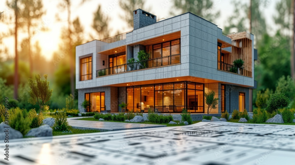 Blueprint for a new house, new building on background. Architecture ...