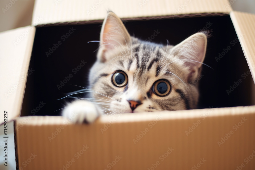 Cute and adorable tabby cat peeking out from a box Stock Photo | Adobe ...