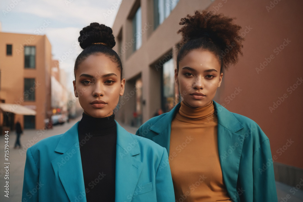 multiethnic two young adults dressed in avantgarde clothing in urban ...