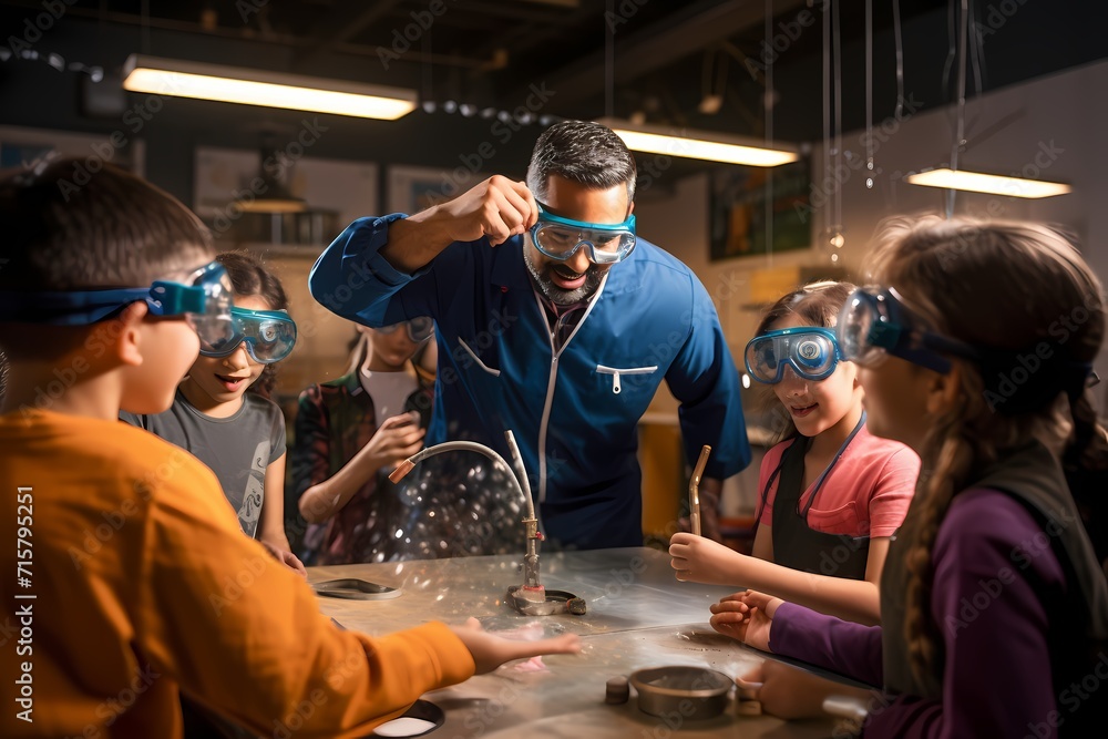 A teacher conducting a hands-on science experiment, with students ...