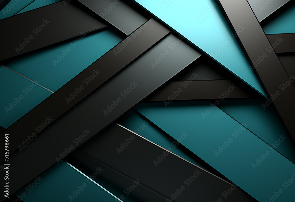 3D panoramic deep teal black metal background. Modern geometric shape ...