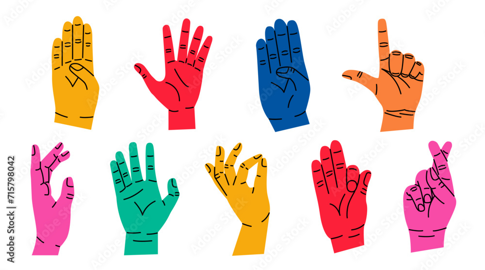 Set of colorful hands with different gestures. Modern trendy flat ...