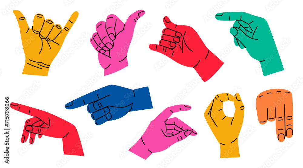 Set of colorful hands with different gestures. Modern trendy flat ...