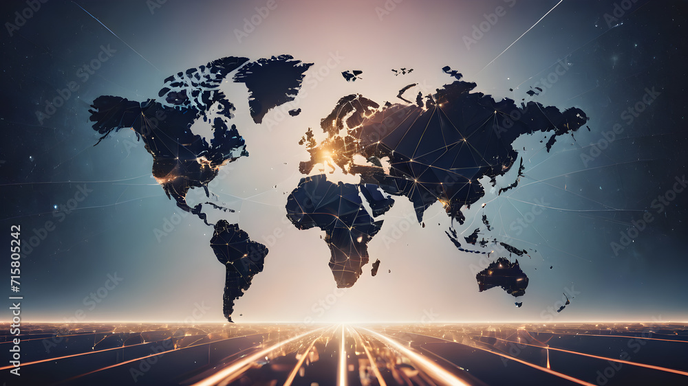 ภาพประกอบสต็อก Polygonal mesh network map of world of lines and points ...