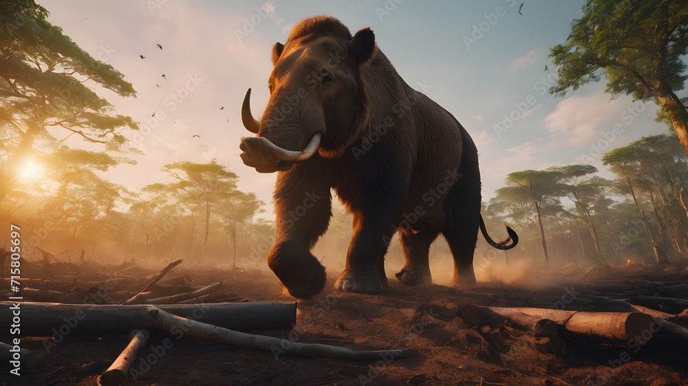 Deforestation and extinction concept. Trees cut down in forest. Animals ...