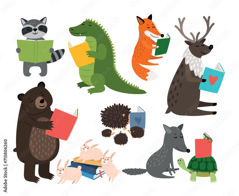 Different animals read fairy tales. Bear, wolf, fox with books in their ...