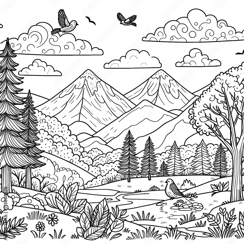 Winter landscape with trees, coloring page, line art, illustration ...