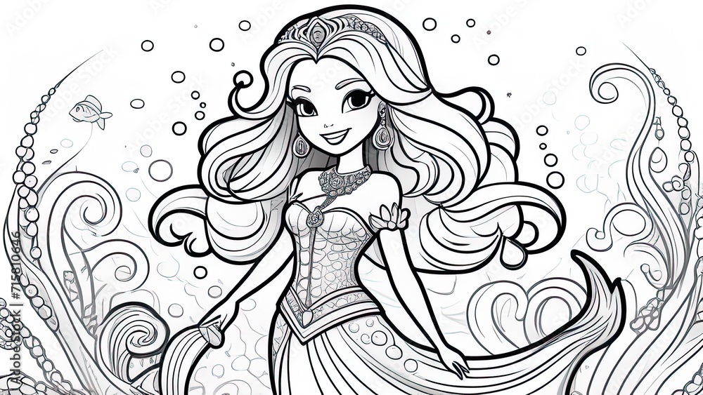 Beautiful mermaid coloring page under the sea. Little mermaid cartoon ...