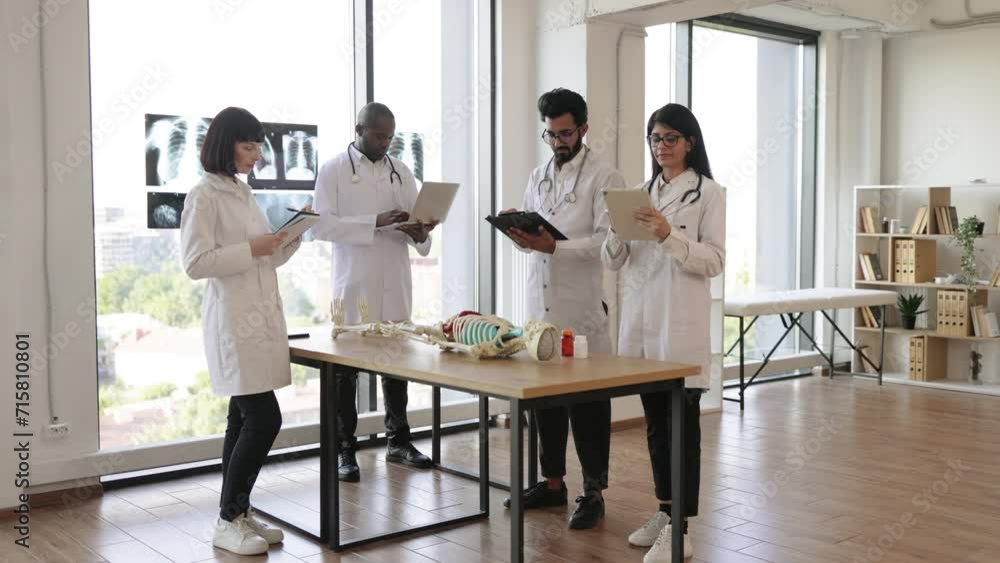 Young Multiethnic Medical Students On Anatomy Lesson In Modern