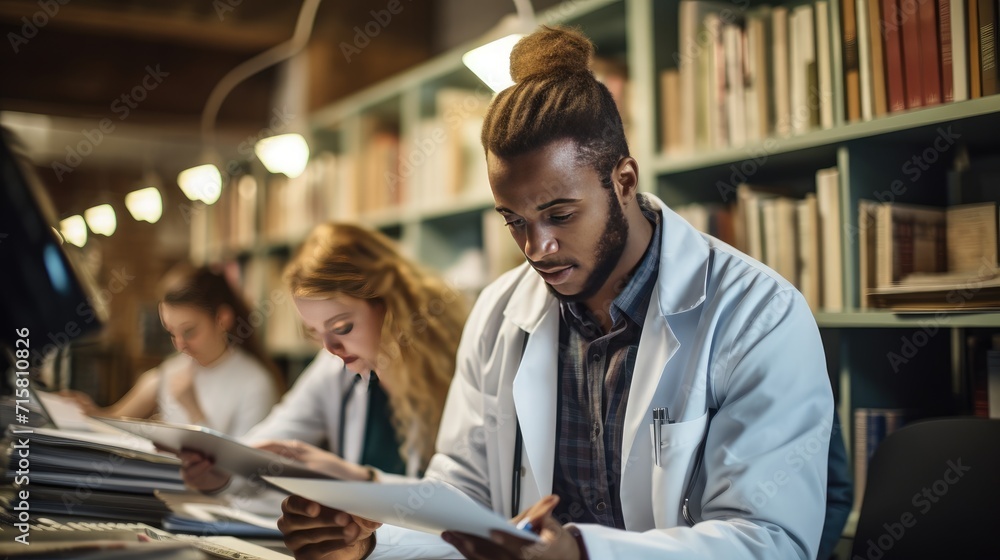 Class of diverse medical student learning and discussing in library ...