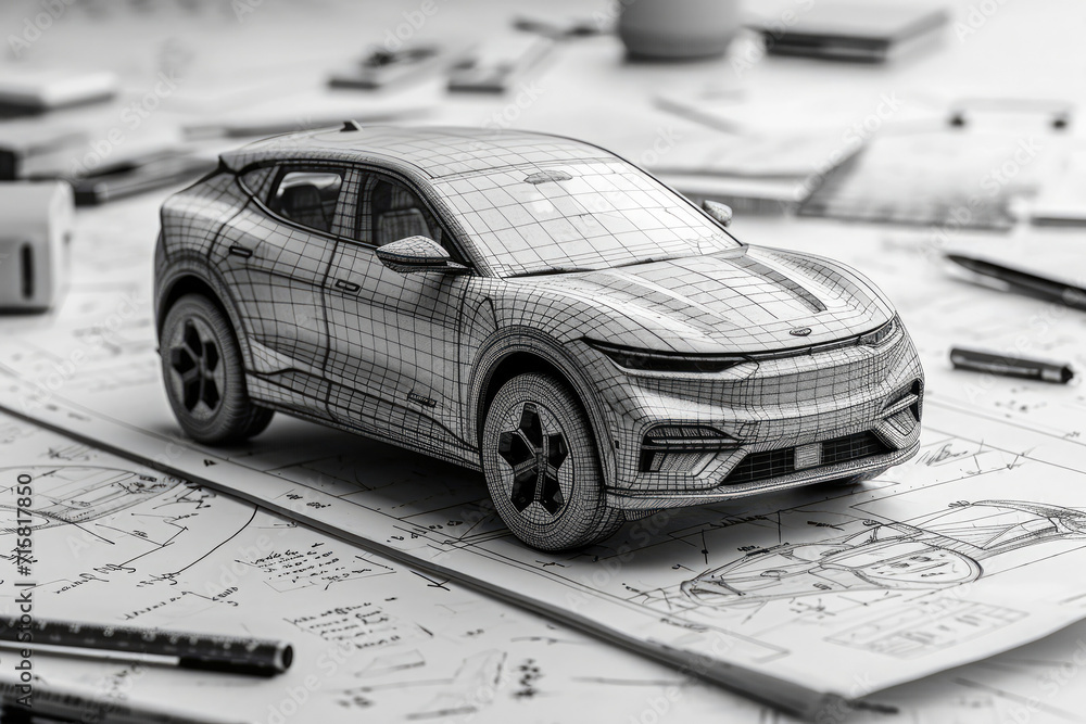 Detailed wireframe blueprint of a concept car design on drafts. Stock ...