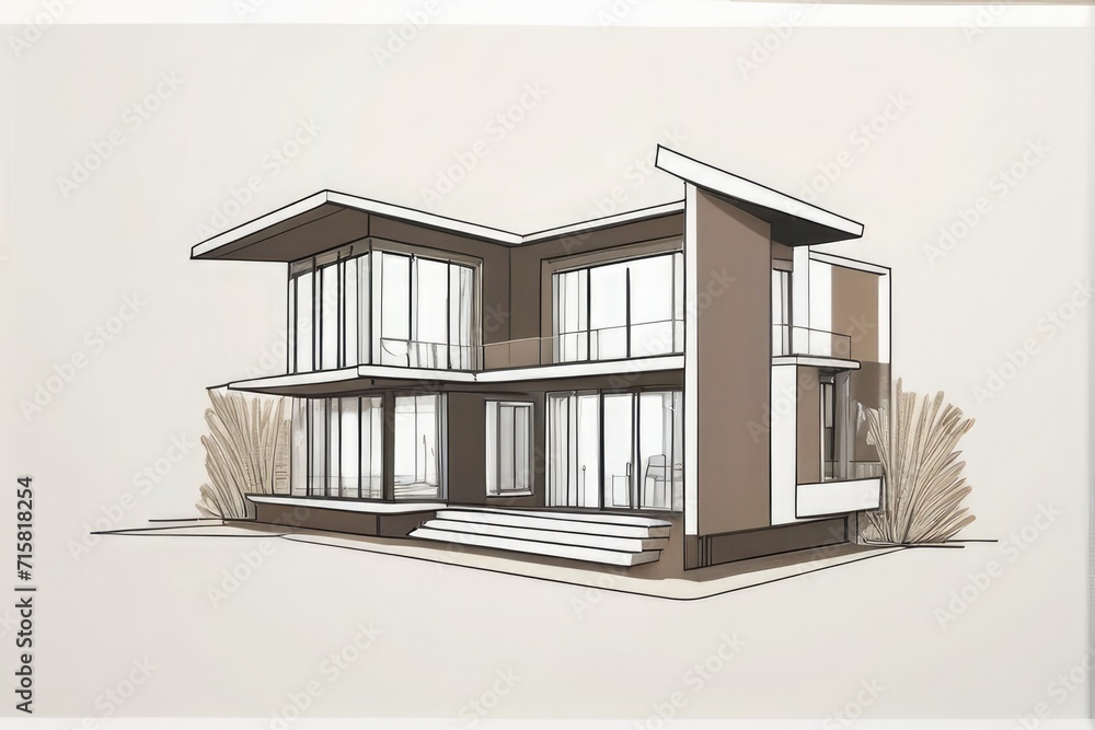 3D Architectural Model, sketch of modern cozy house Black line sketch ...